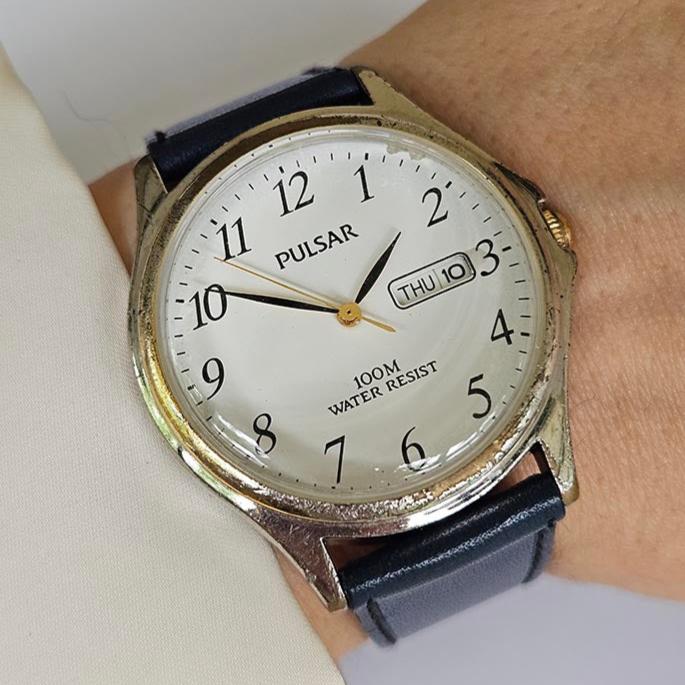 Vintage Silver-tone Pulsar Day Date Watch with White Dial & Blue Strap ...