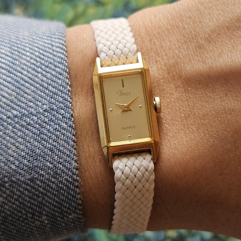Vintage Dainty Gold-tone Timex Tank Watch for Ladies with White Strap ...