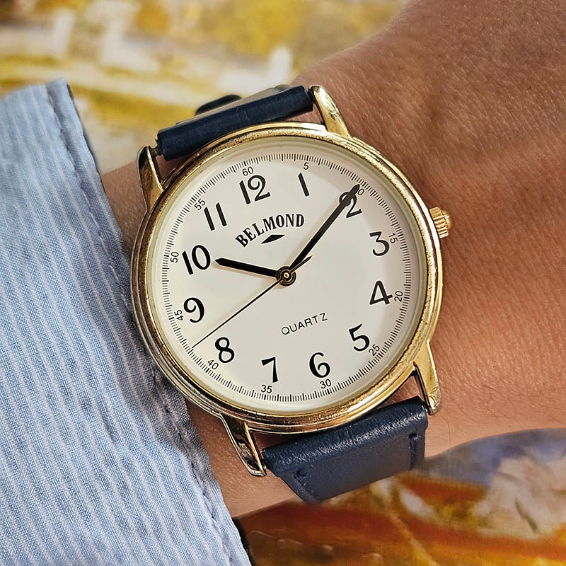 Vintage Gold-tone Belmond Quartz Watch Unisex with Blue Leather Strap ...
