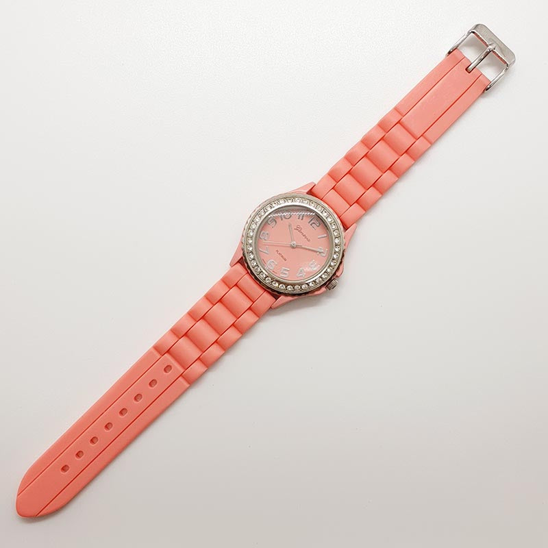 Salmon Pink Geneva Quartz Watch for Women on Rubber Strap – Vintage Radar
