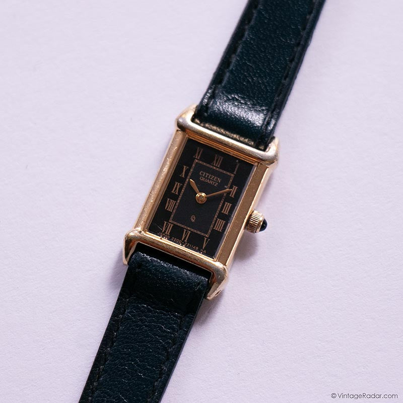 Tiny Vintage Gold-tone Citizen Tank Watch for Women with Black Dial ...