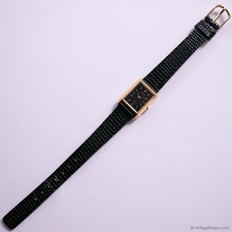 Vintage Black-Dial Pulsar Tank Watch with Textured Black Leather Strap ...