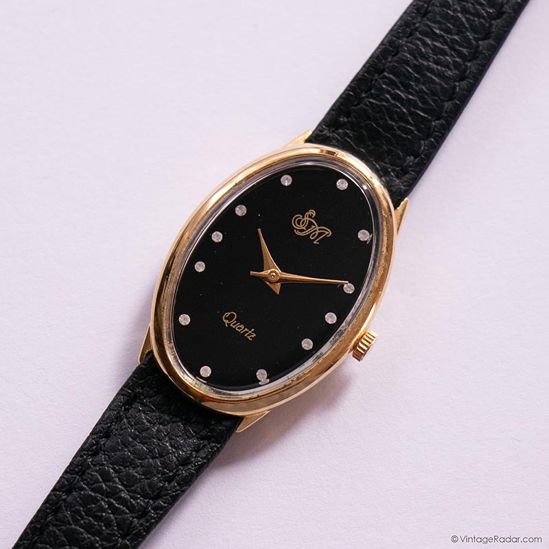 Vintage Black-Dial SM Watch for Her Gold-tone Oval Case & Black Strap ...