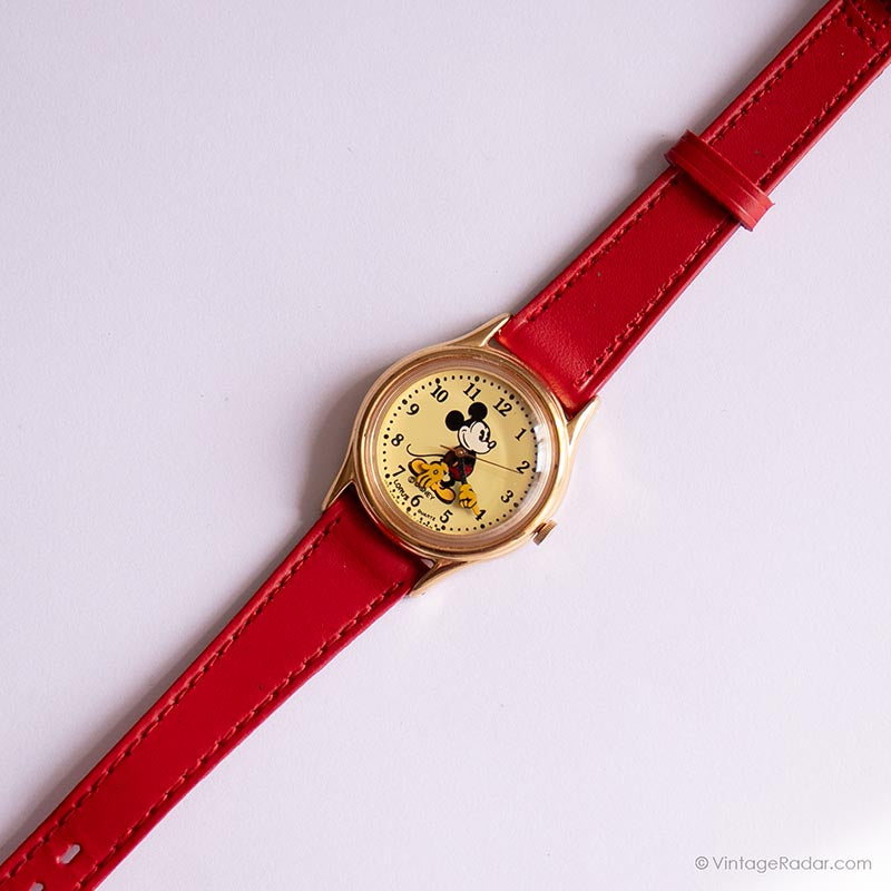 90s Gold-tone Lorus Mickey Mouse Watch for Her with Red Leather Strap ...