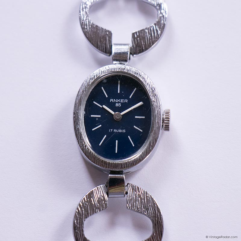 Vintage Ladies' Anker Watch Blue-Dial | Dainty Oval Silver-tone Watch ...