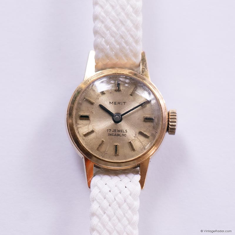 Tiny Vintage Merit 17 Jewels Incabloc Watch for Ladies White Strap ...