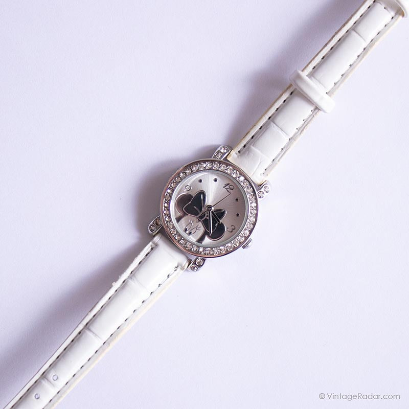 Vintage Silver-tone Minimalist Minnie Mouse Watch with White Strap ...