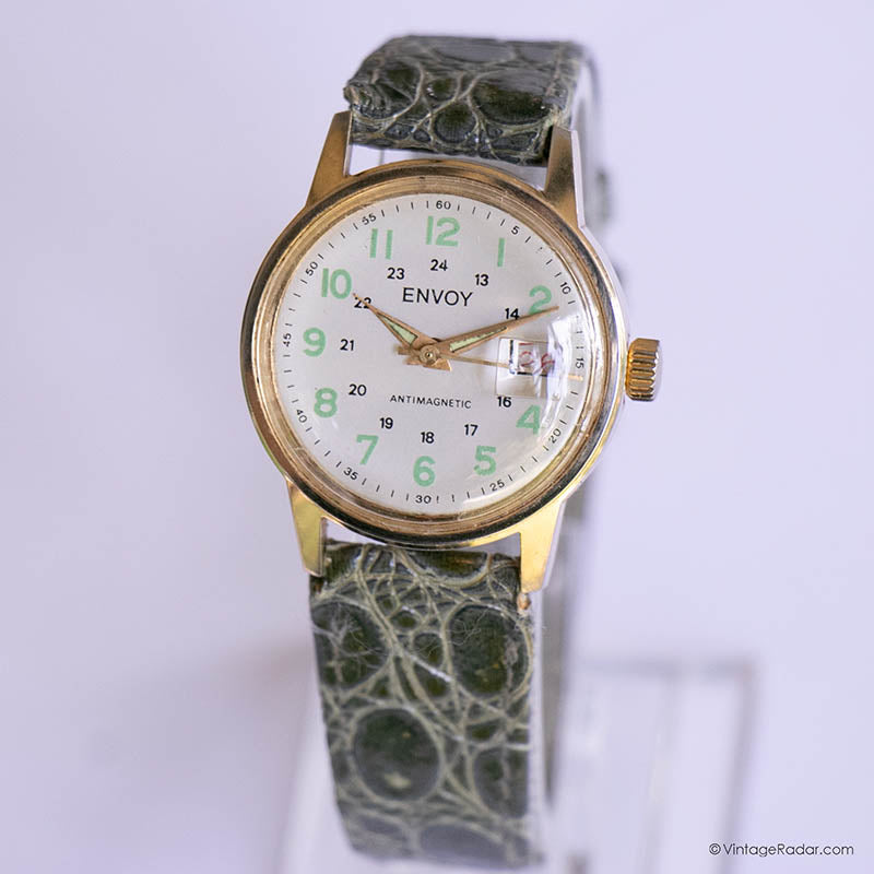 Vintage Envoy Swiss Mechanical Date Watch with Textured Green Strap ...