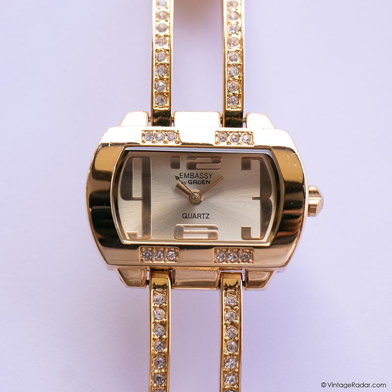 Vintage Gold-tone Embassy by Gruen Ladies' Watch with White Gemstones ...
