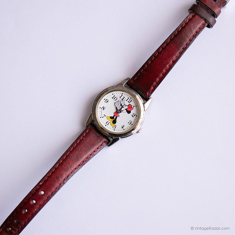 90s Silver-tone Minnie Mouse Watch for Her with Burgundy Leather Strap ...