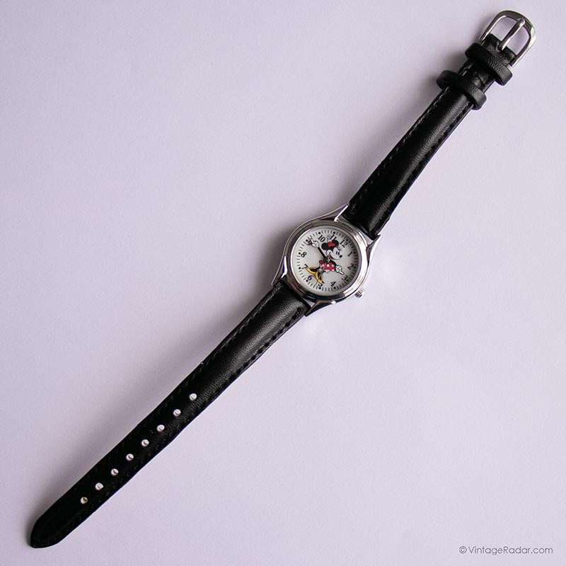 Classic Vintage Minnie Mouse Watch for Women with Black Leather Strap ...
