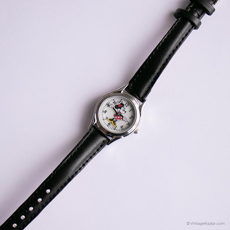 Classic Vintage Minnie Mouse Watch for Women with Black Leather Strap ...