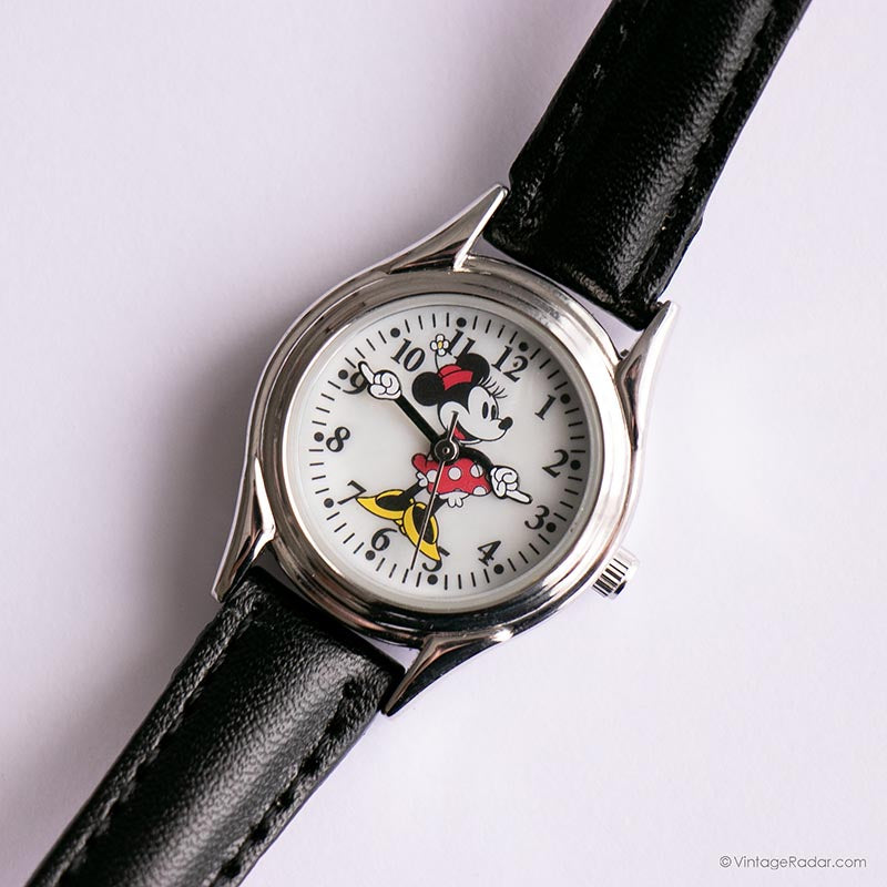 Classic Vintage Minnie Mouse Watch for Women with Black Leather Strap ...