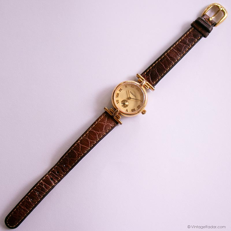 Retro Gold-tone Fossil Watch for Women with Brown Leather Stap ...