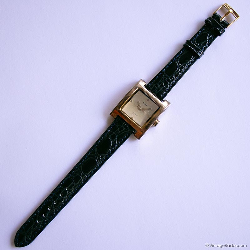 Vintage Gold-tone Rectangular TCM Watch for Women with Champagne Dial ...
