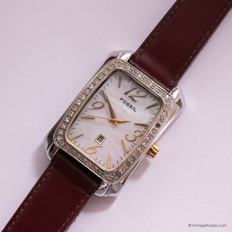 Vintage Fossil Tank Watch with White Gemstones & Burgundy Strap ...