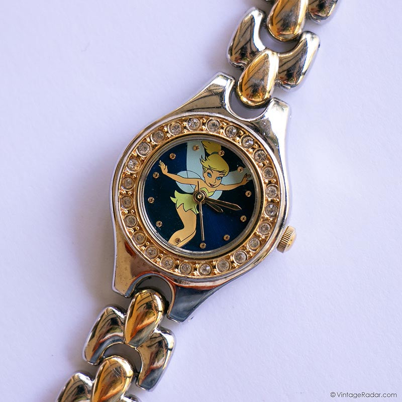 Tiny Vintage Two-Tone Tinker Bell Watch with Blue Dial & Gemstones ...