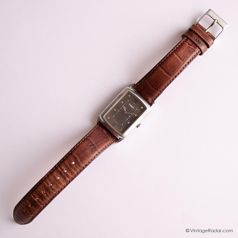 Vintage Silver-tone Rectangular Timex Watch for Women with Brown Strap ...