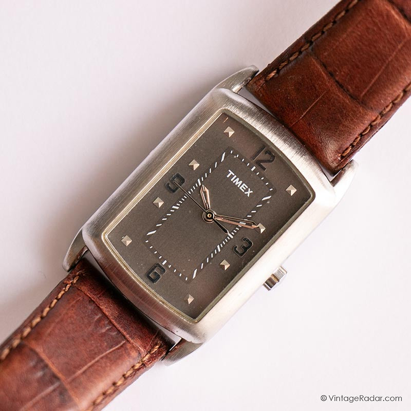 Vintage Silver-tone Rectangular Timex Watch for Women with Brown Strap ...