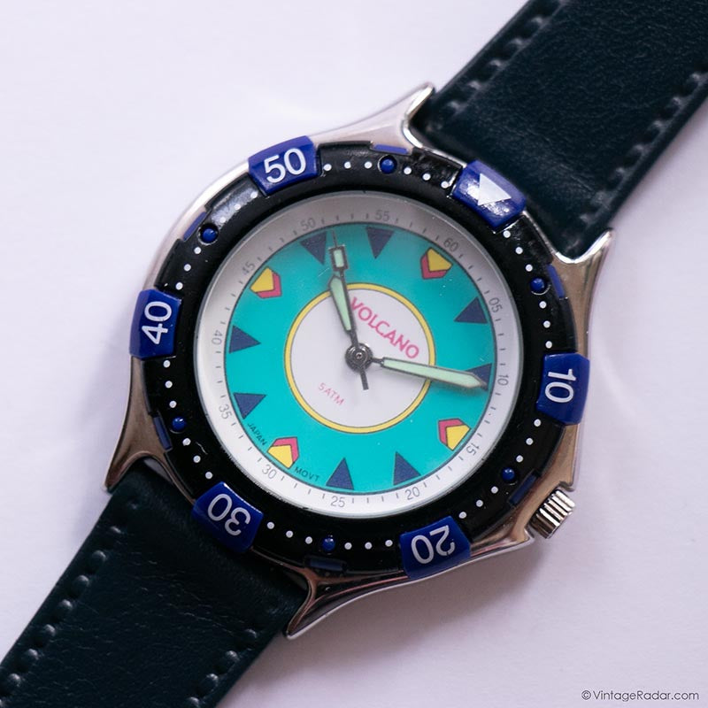 Vintage 38mm Blue-Dial Volcano Watch with Navy Leather Strap Unisex ...