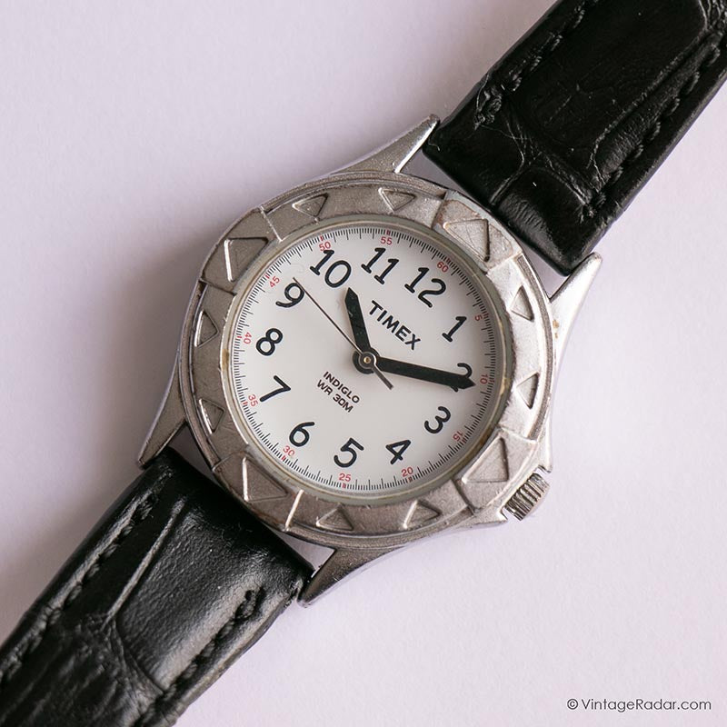 Classic Vintage Timex Quartz Watch for Women with Black Leather Strap ...