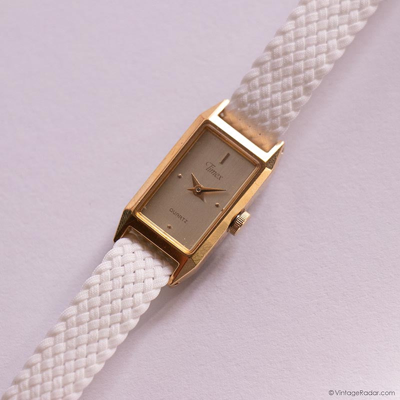 Vintage Dainty Gold-tone Timex Tank Watch for Ladies with White Strap ...