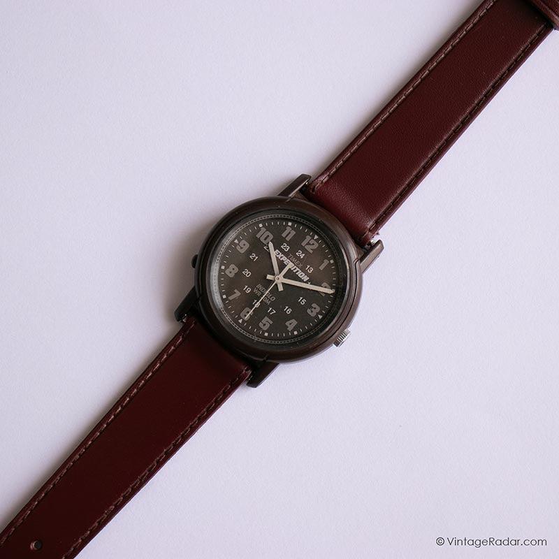 Vintage Timex Expedition Indiglo Watch with Black Dial & Brown Strap ...
