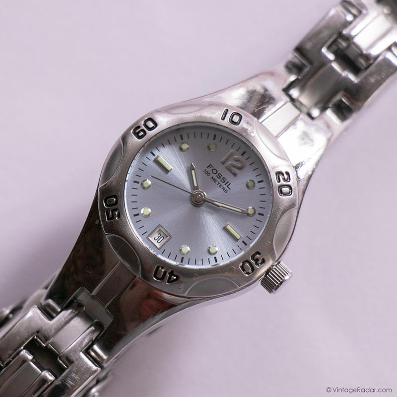 Vintage Silver-tone Fossil Blue-Dial Watch for Her All Stainless Steel ...