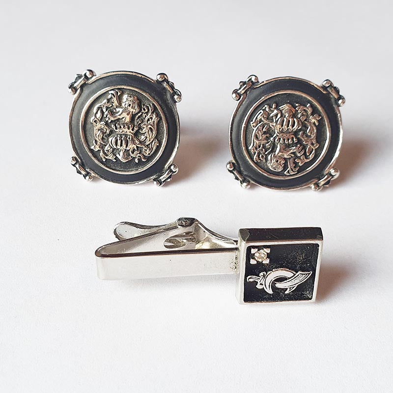 Vintage Silver-tone Wedding Cufflinks & Tie Clip with Black Details ...