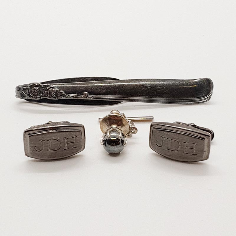 Vintage Dark Silver-tone JDH Cufflinks, Tie Clip & Round Tie Tack Pin ...