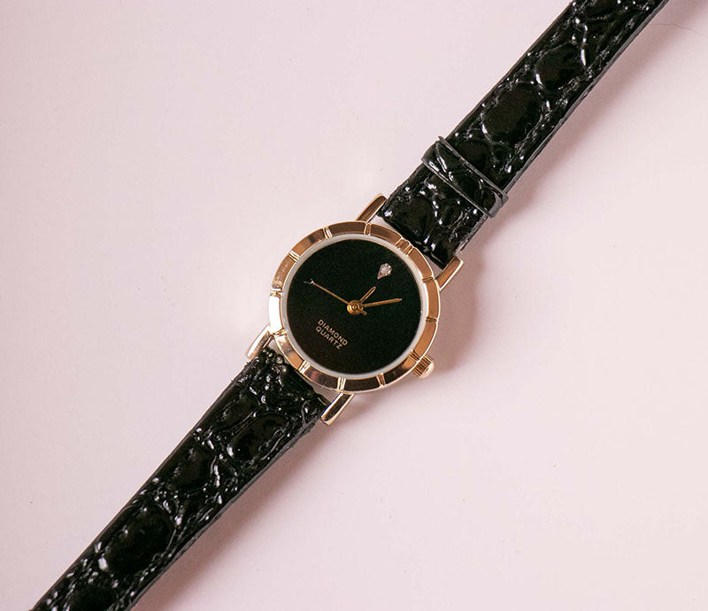 Vintage Diamond Quartz Watch for Women with Textured Leather Strap ...