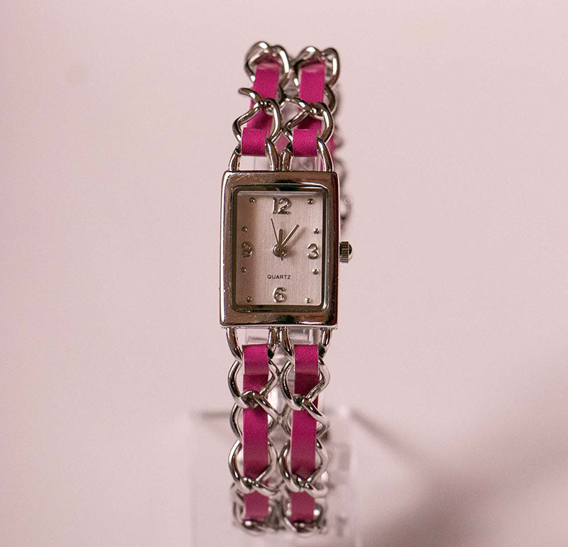 Silver-tone Rectangular Quartz Watch for Women with Pink Strap Details ...