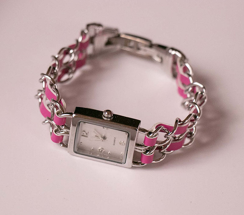 Silver-tone Rectangular Quartz Watch for Women with Pink Strap Details ...