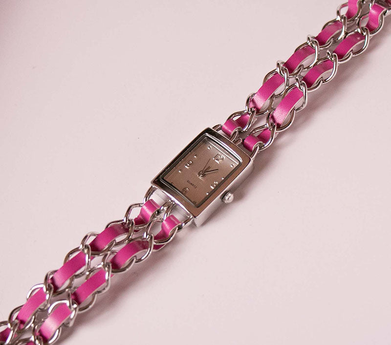 Silver-tone Rectangular Quartz Watch for Women with Pink Strap Details ...