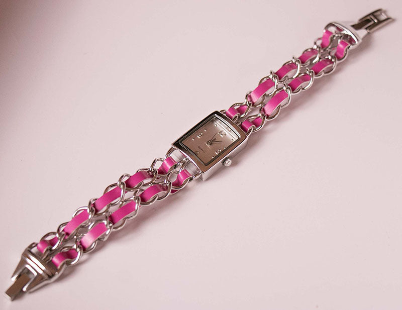 Silver-tone Rectangular Quartz Watch for Women with Pink Strap Details ...