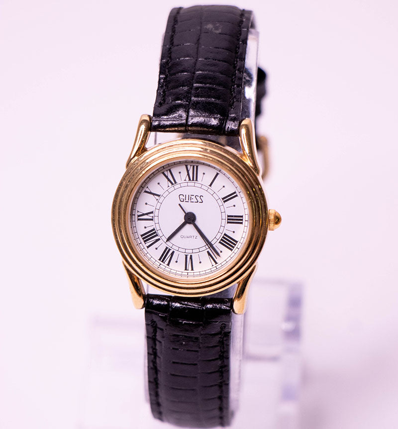Classic Vintage Guess Watch with Black Leather Strap & Roman Numerals ...