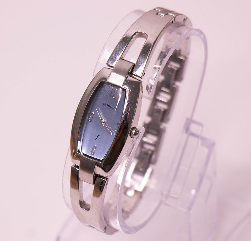 Blue-dial Rectangular Fossil F2 Watch for Women | Vintage Dress Watch ...