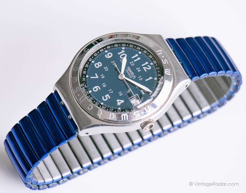 1993 Swatch YGS400G HAPPY JOE FLIP Watch | 90s Blue Irony Big Swatch – Vintage Radar