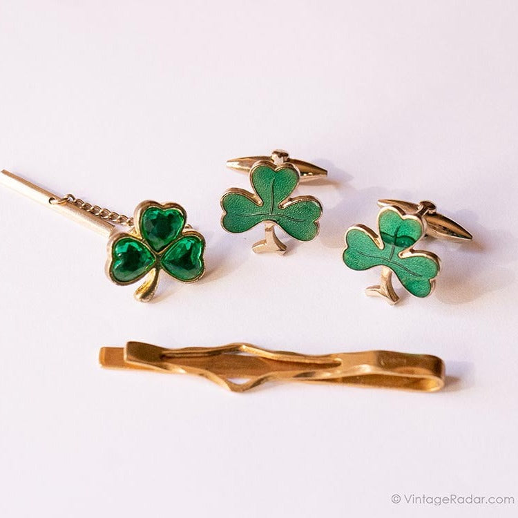 Vintage Green Shamrock Cufflinks, Tie Tack Pin & Gold-tone Tie Clip ...