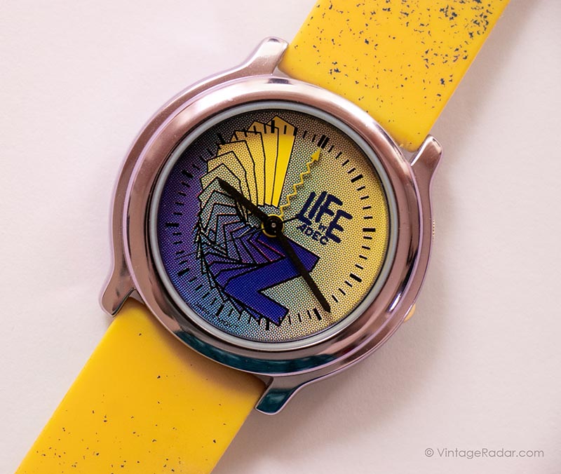 Vintage Yellow & Blue LIFE by ADEC Watch | Citizen Alarm Quartz Watch ...