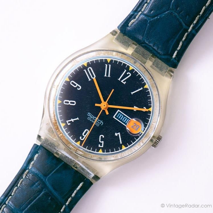 Vintage BLUE LACQUER GK713 Swatch Watch | Day Date Swatch Gent ...