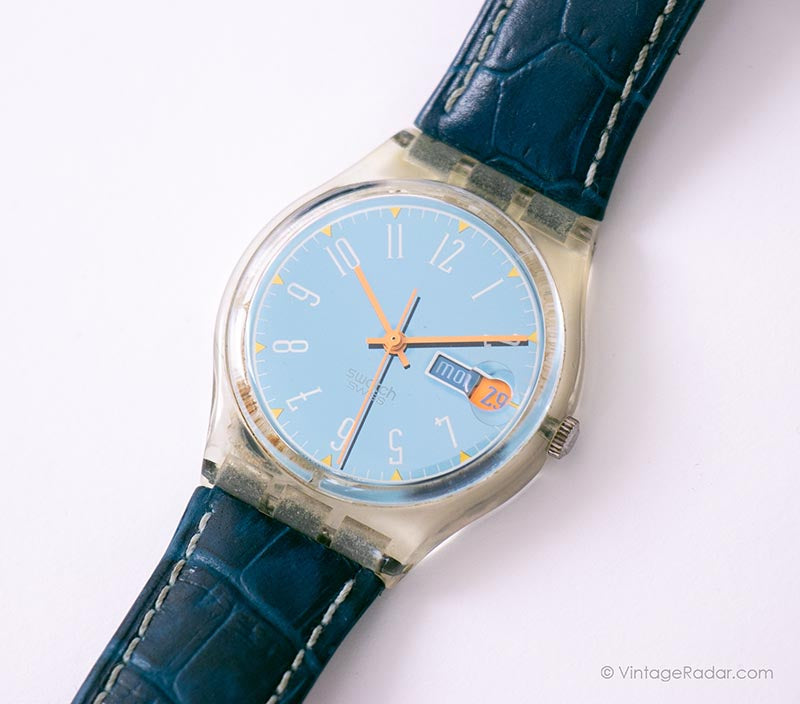 Vintage BLUE LACQUER GK713 Swatch Watch | Day Date Swatch Gent ...