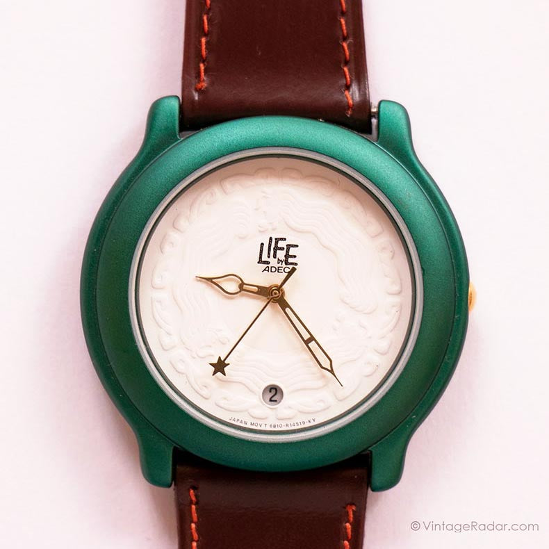 Vintage Emerald Green Adec Quartz Watch with Brown Leather Strap ...