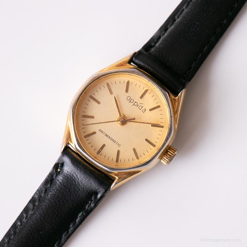 Vintage Oppida Mechanical Watch | Gold-tone Watch with Black Strap ...