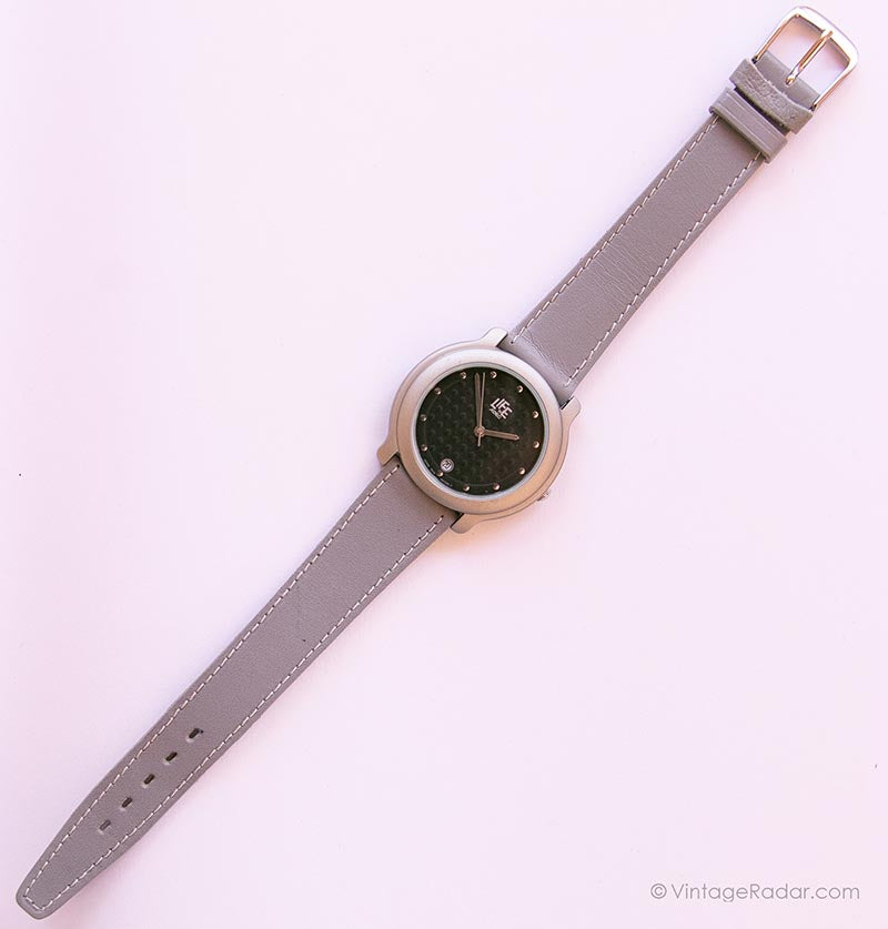 Vintage Minimalist Black-Dial ADEC Watch with Gray Leather Strap ...