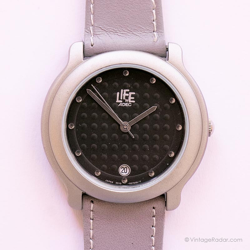 Vintage Minimalist Black-Dial ADEC Watch with Gray Leather Strap ...