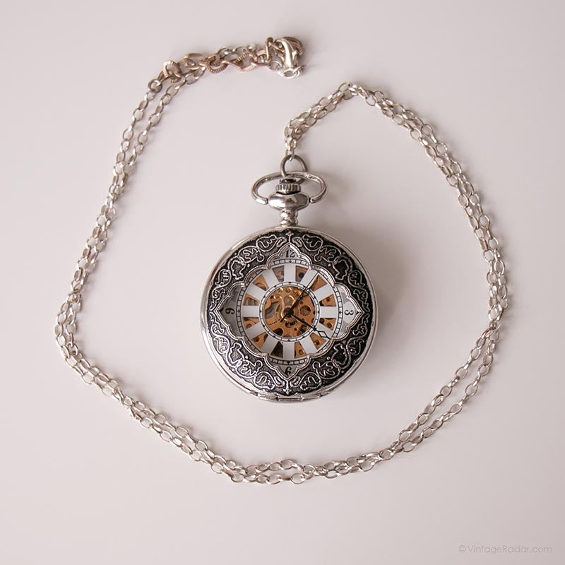 Vintage Skeleton Dial Mechanical Pocket Watch | Silver-tone Vest Watch ...