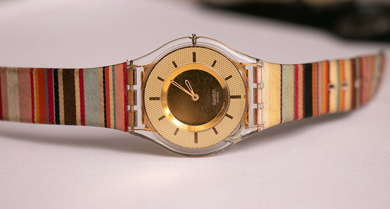 2001 THINE SFK155 Skin Swatch | Gold Tone Swatch Skin Watch – Vintage Radar
