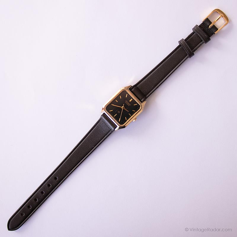 Vintage Orient Gold-tone Watch | Black Dial Rectangular Watch for Her ...