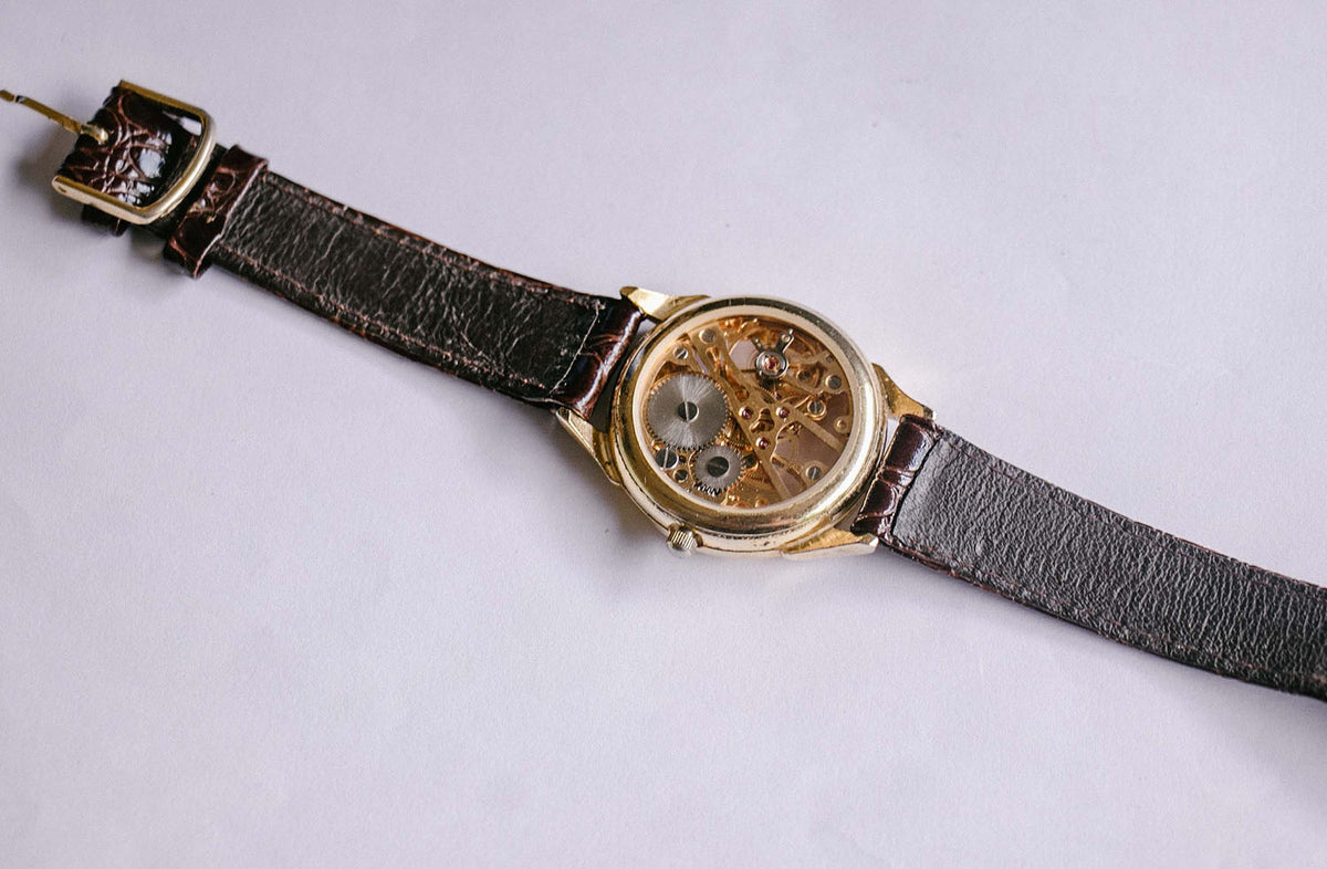 Rare Gold-tone Skeleton Mechanical Watch | Luxury Brown Leather Belt ...
